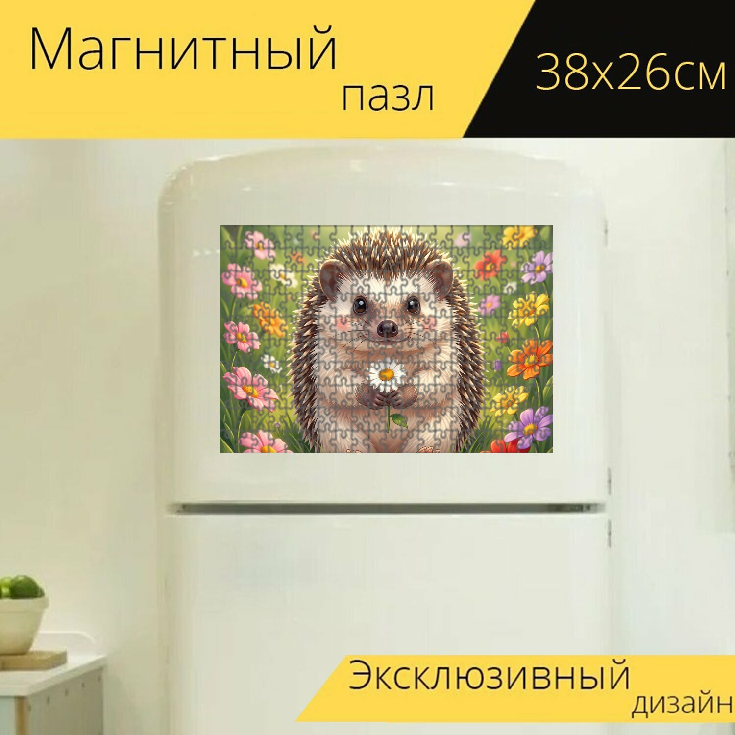 Магнитный пазл "Милый ежик с ромашкой. Очаровательный лесной зверек среди ярких полевых цветов, в мультяшном стиле. Нежные пастельные оттенки, солнечная." для интерьера, 38х26 см.