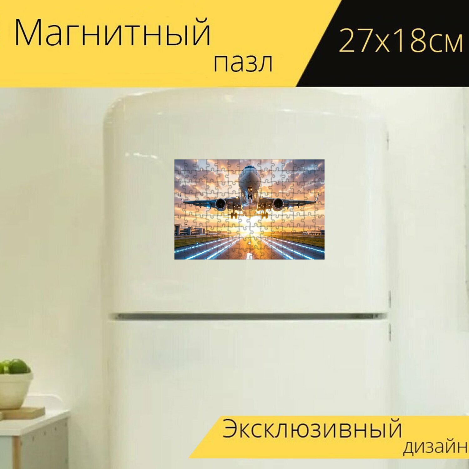 Магнитный пазл "Пассажирский самолет над взлетной полосой. Современный авиалайнер в фронтальном ракурсе идет на посадку в аэропорту на фоне яркого." на холодильник 27 x 18 см.