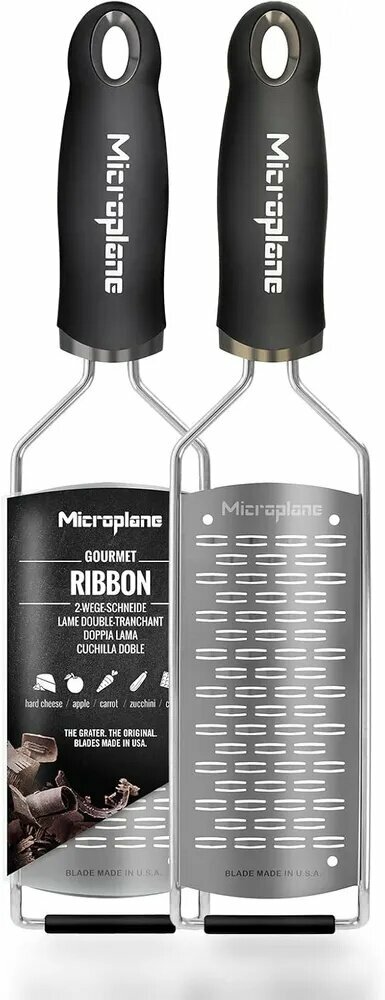 Тёрка кухонная Microplane Gourmet, двухсторонняя, из нержавеющей стали, чёрная, для твёрдого сыра, яблок, моркови, кабачков и шоколада. 32,51 x 7,37 x 6,35 см.