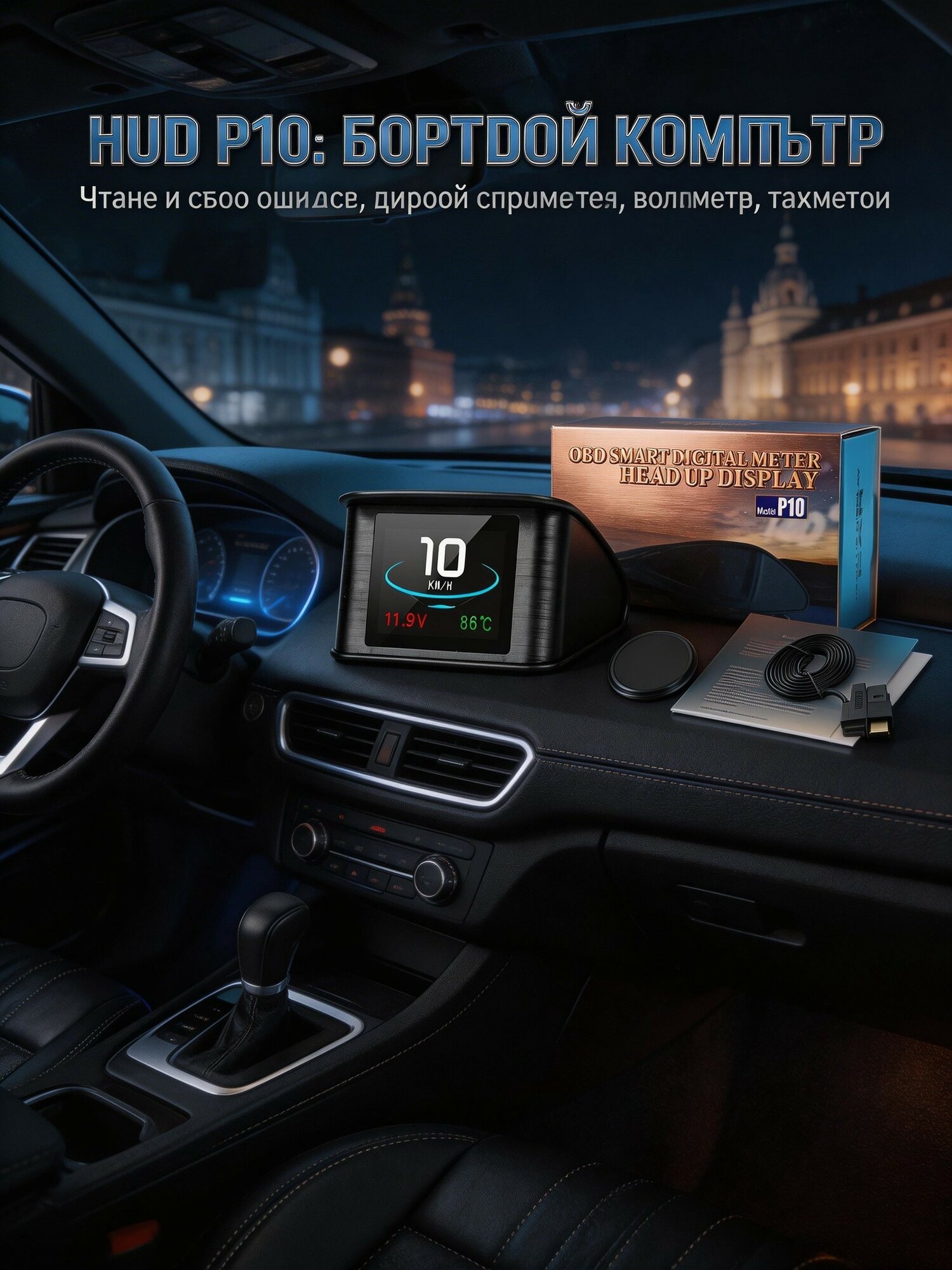 Бортовой компьютер Miopaq HUD P10 OBD2 — чтение и сброс ошибок, цифровой спидометр, вольтметр и контроль температуры