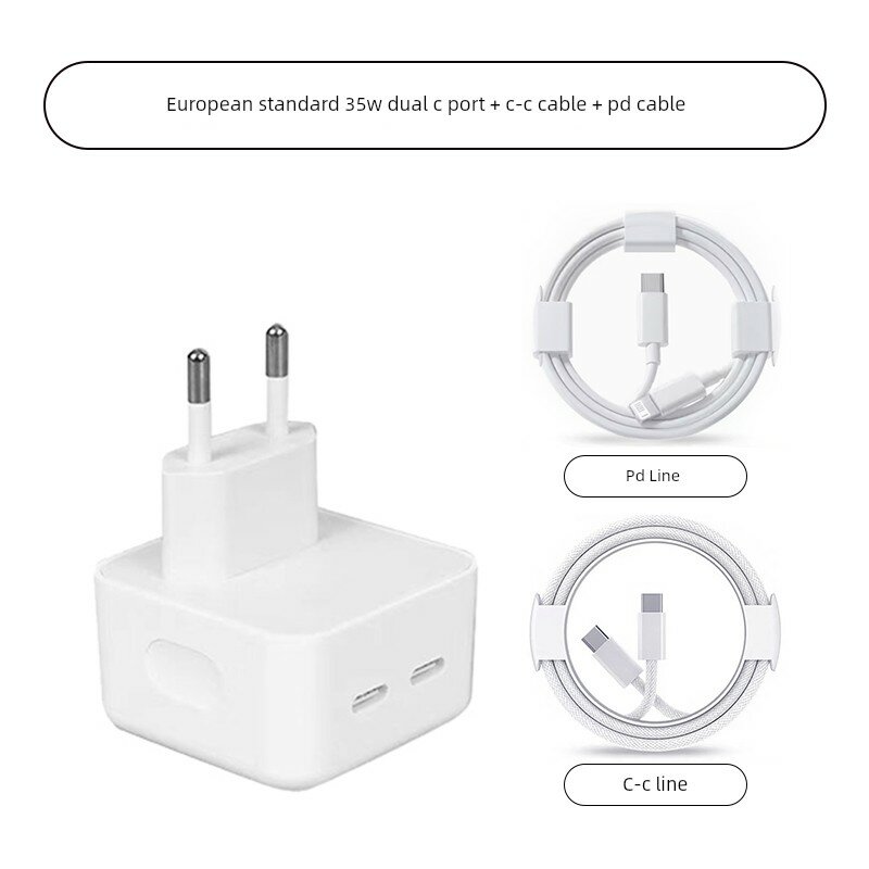 Европейский 35W двухпортовый адаптер Type-C с PD и плетеным USB-C кабелем