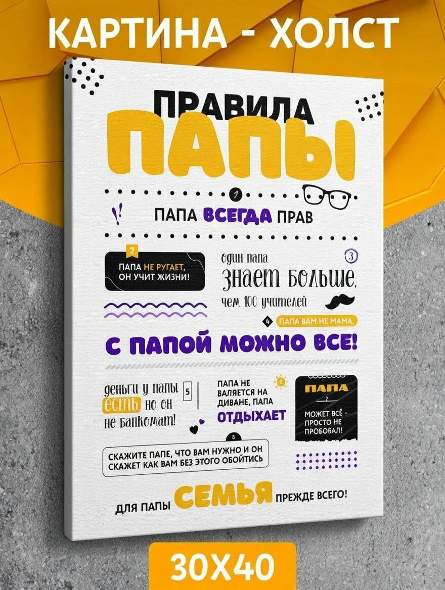 Картина на холсте А3 Правила папы, 30х40 см. Подарок отцу