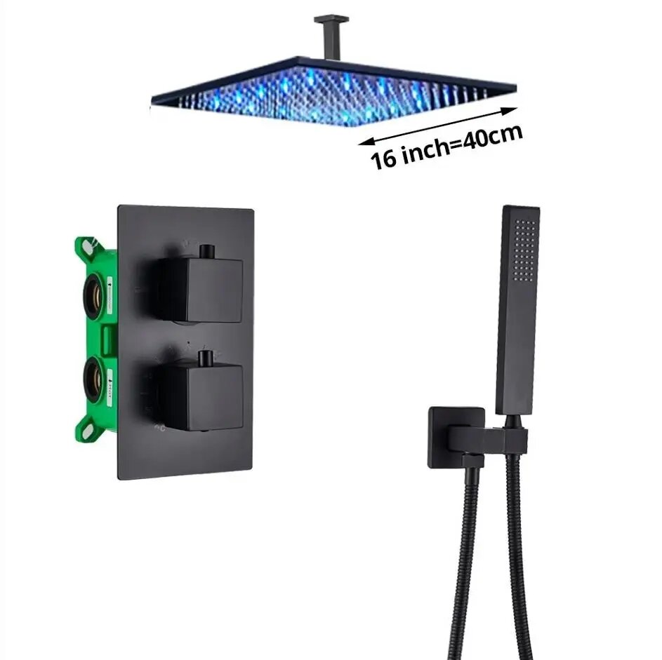 Роскошный черный термостатический душевой смеситель для ванной комнаты с дождевым душевым головкой, настенной смесителем для ванны, душевое оборудование Wall-2-ways led