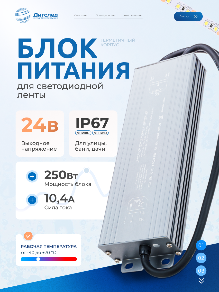 Блок питания 24В / 250Вт для LED-ленты, светодиодной ленты, люстры, лампы, модулей, драйвер 24V /250W, 10,4A DIGSLED
