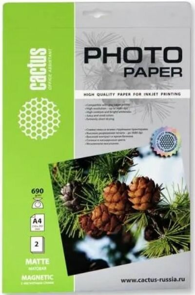 Фотобумага CACTUS A4, 690 г/м2, 2 листа, матовая, магнитный слой, для струйной печати (CS-MMA46902)