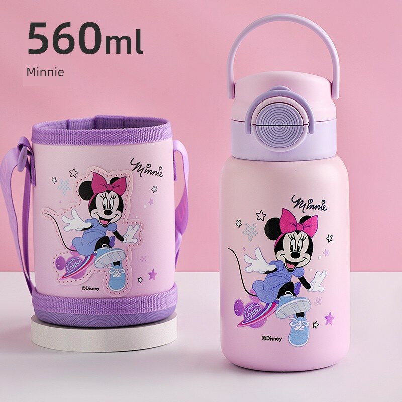Disney Минни Маус Розовый 560 мл детский термос с трубочкой, двойным питьем, из нержавеющей стали 316, чехол и ручка