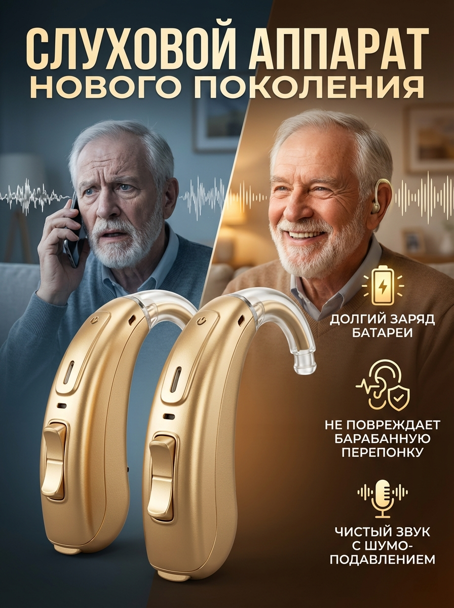 Накладной слуховой прибор с зарядным устройством для пожилых и взрослых