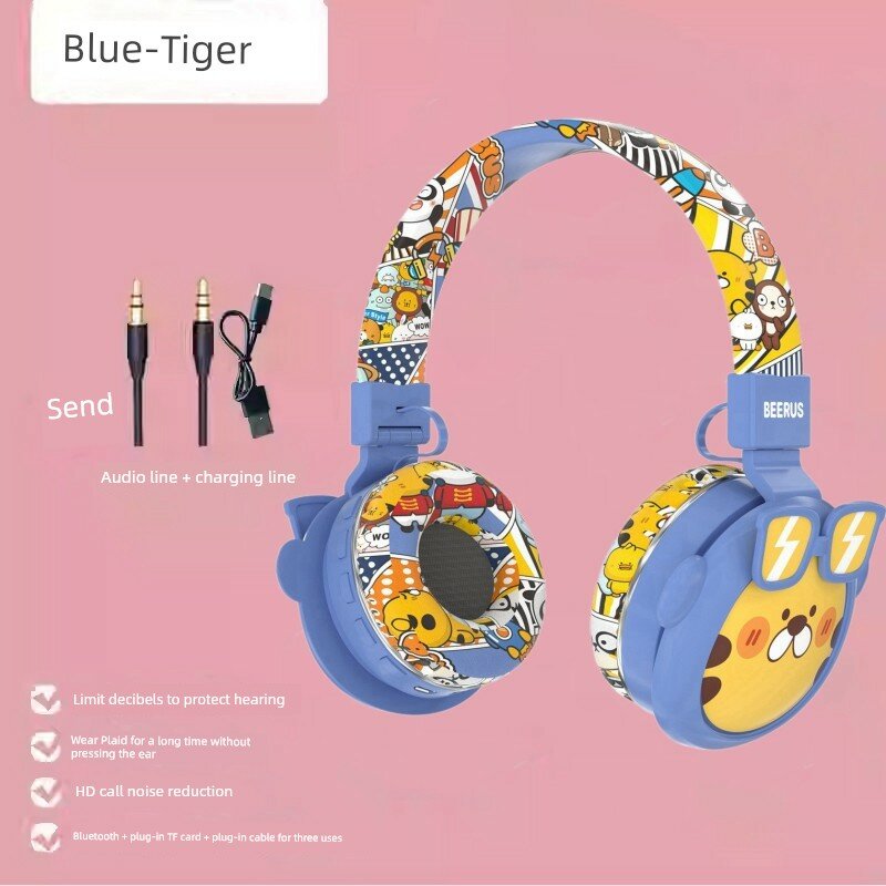 Наушники Bluetooth с четким звуком для школьников, дизайн Синий Тигр, шумоподавление для онлайн-классов