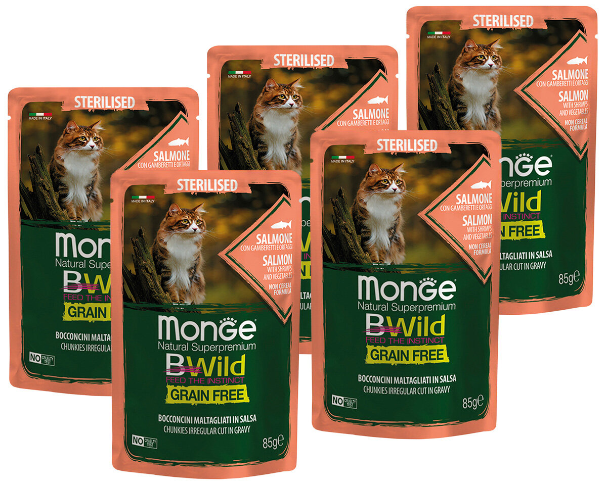 Корм влажный Monge Bwild Grain Free Cat Sterilised беззерновые для взрослых кастрированных котов и стерилизованных кошек с лососем, креветками и овощами в соусе пауч, 85 г 5 шт