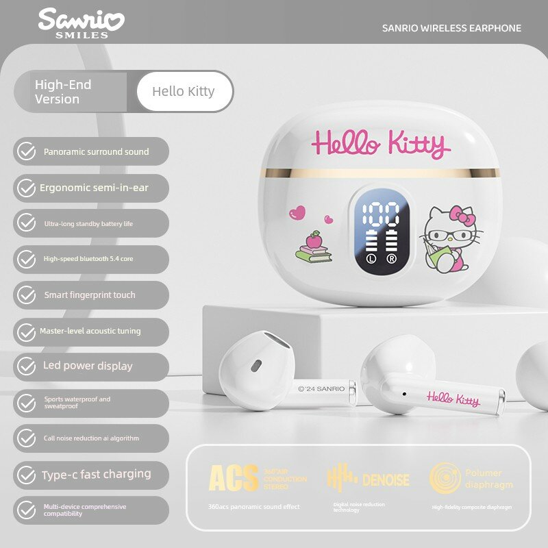 Премиальные наушники Bluetooth Sanrio Hello Kitty с Dolby Atmos, шумоподавлением ENC, Bluetooth 5.4, 68-часовым