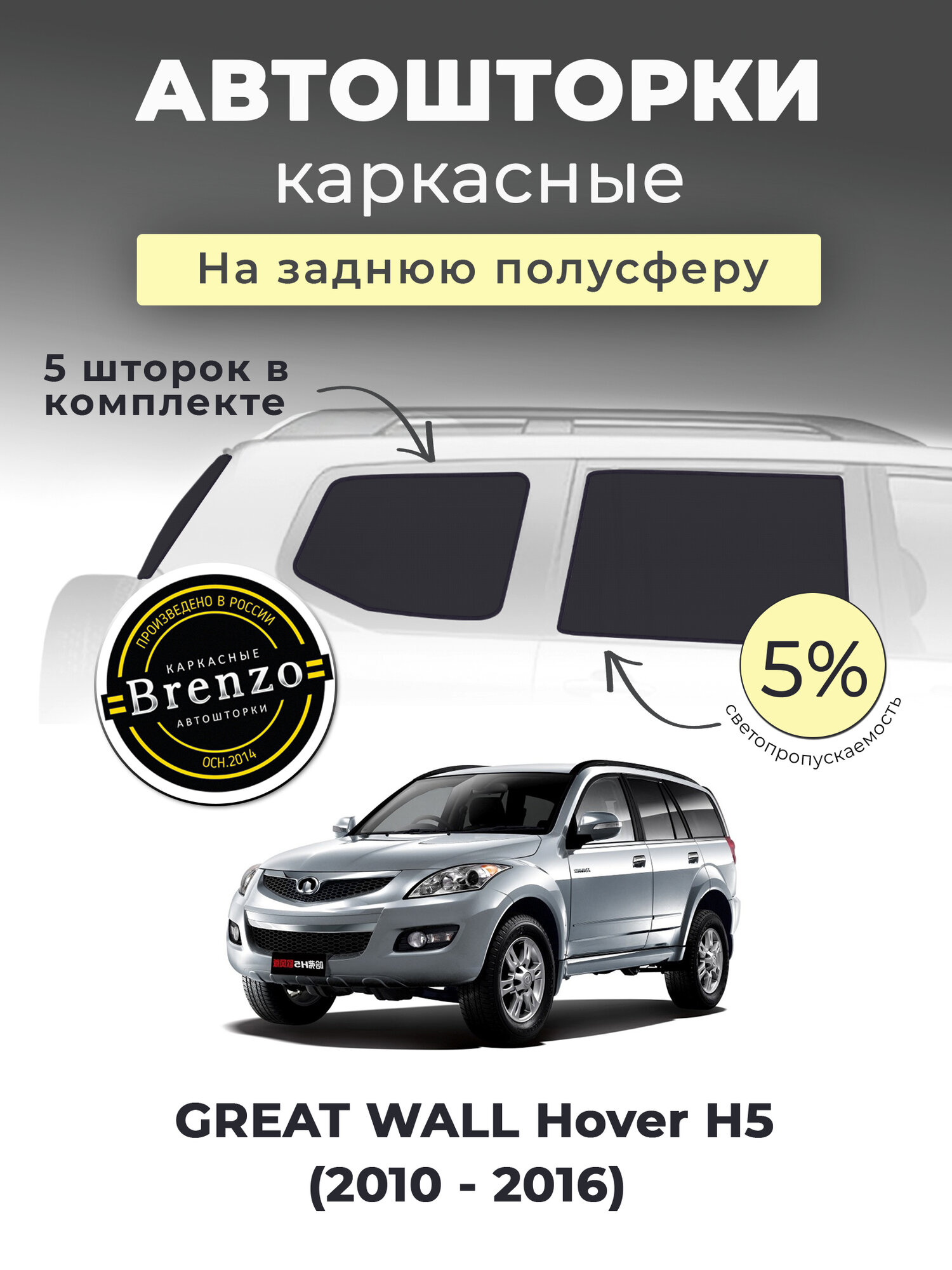 Каркасные шторки GREAT WALL Hover H5 (2010 - 2016) на заднюю полусферу 5%, сетки от солнца в машину