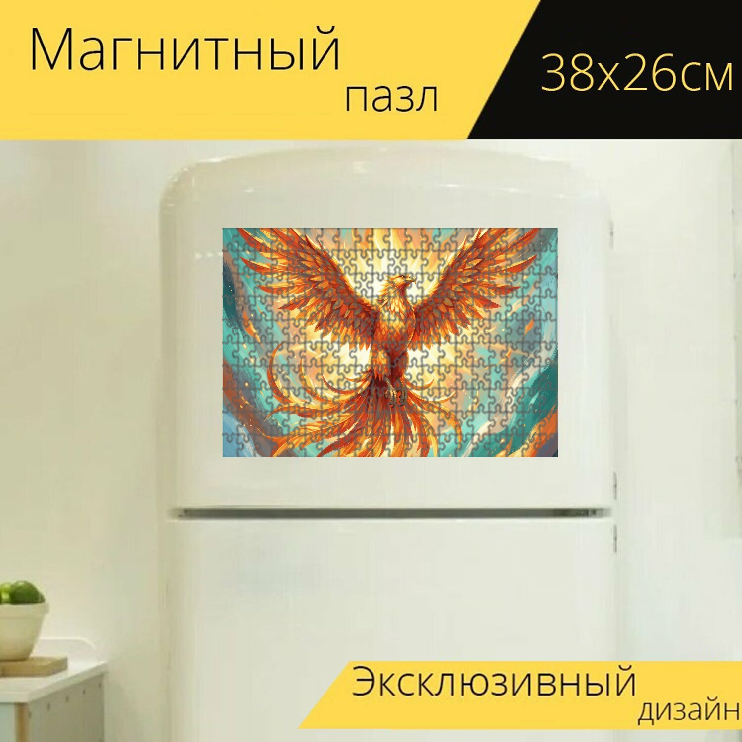 Магнитный пазл "Огненный феникс в полёте. Мифическая птица с расправленными крыльями, объятая золотым пламенем, на бирюзово-голубом фоне. Яркая." для интерьера, 38х26 см.