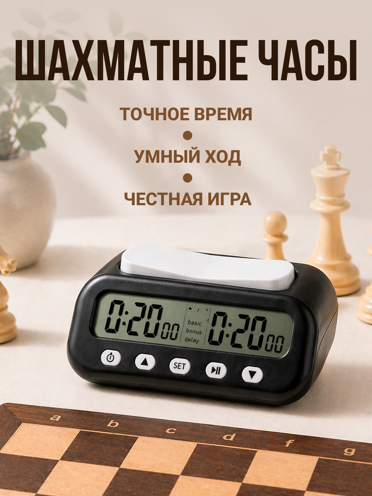 Электронные шахматные часы "SOVANCI" S100, крупные цифры, пластик
