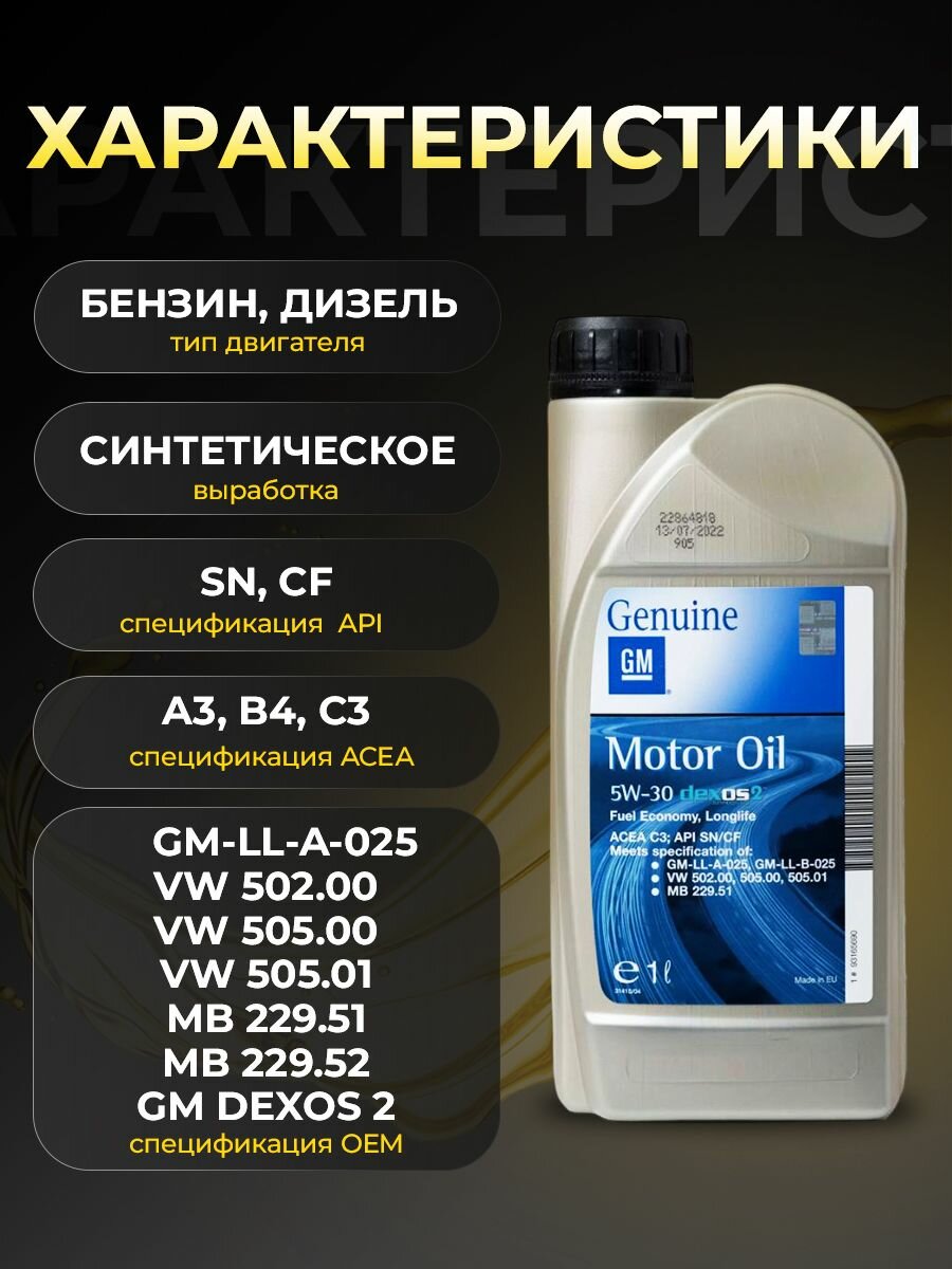 Масло моторное GENERAL MOTORS DEXOS 2 5W30 синтетика 1 л 93165690