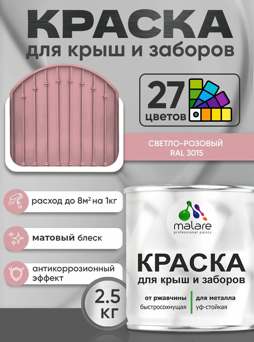 Краска по металлу Malare для крыш и заборов по ржавчине, для наружных работ, быстросохнущая износостойкая RAL 3015 светло-розовый, матовая, 2,5 кг.