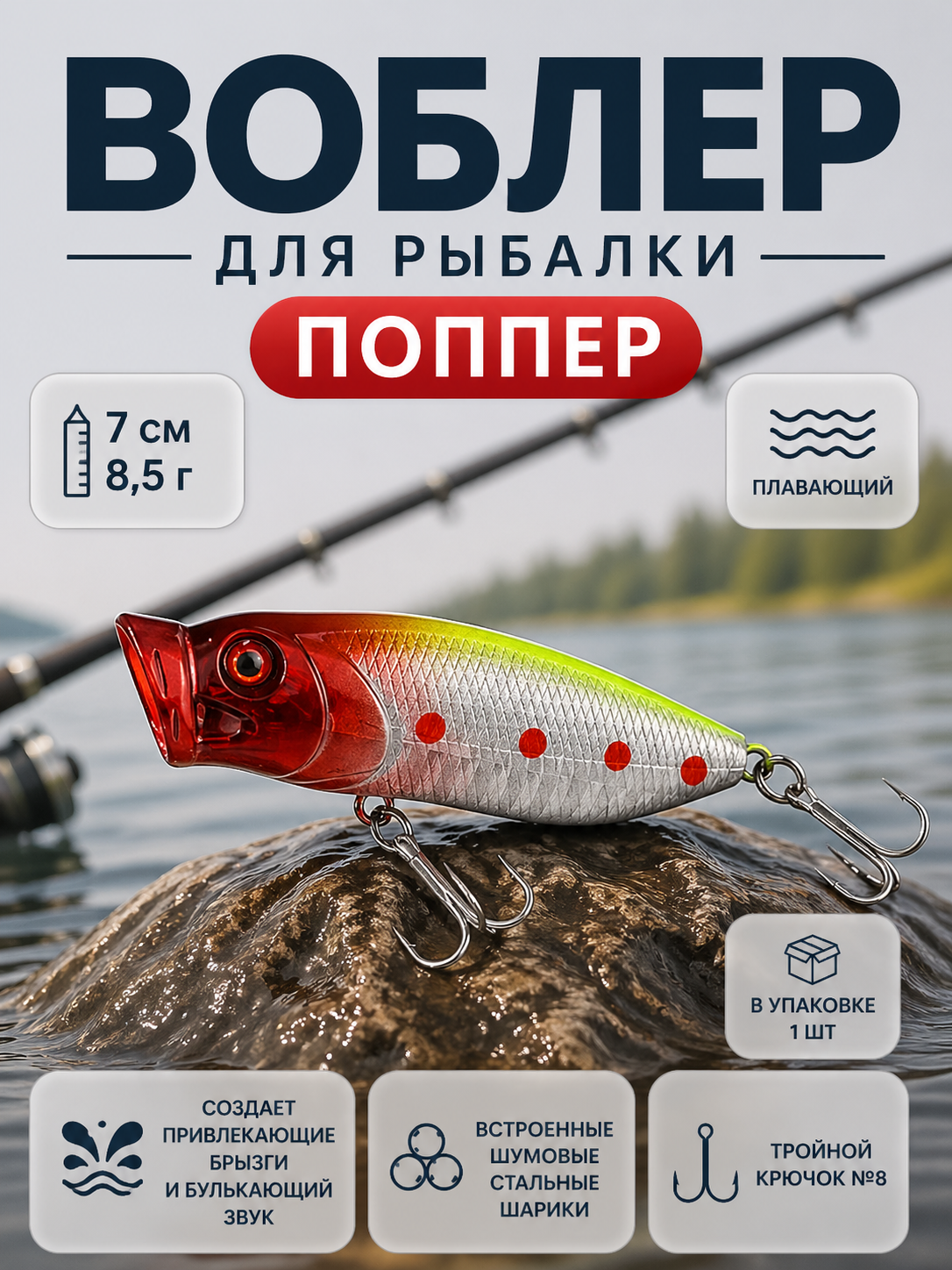 Воблер поппер, плавающая поверхностная приманка, для пресноводной и морской рыбалки 7 см/8,5 г, красно-желтая