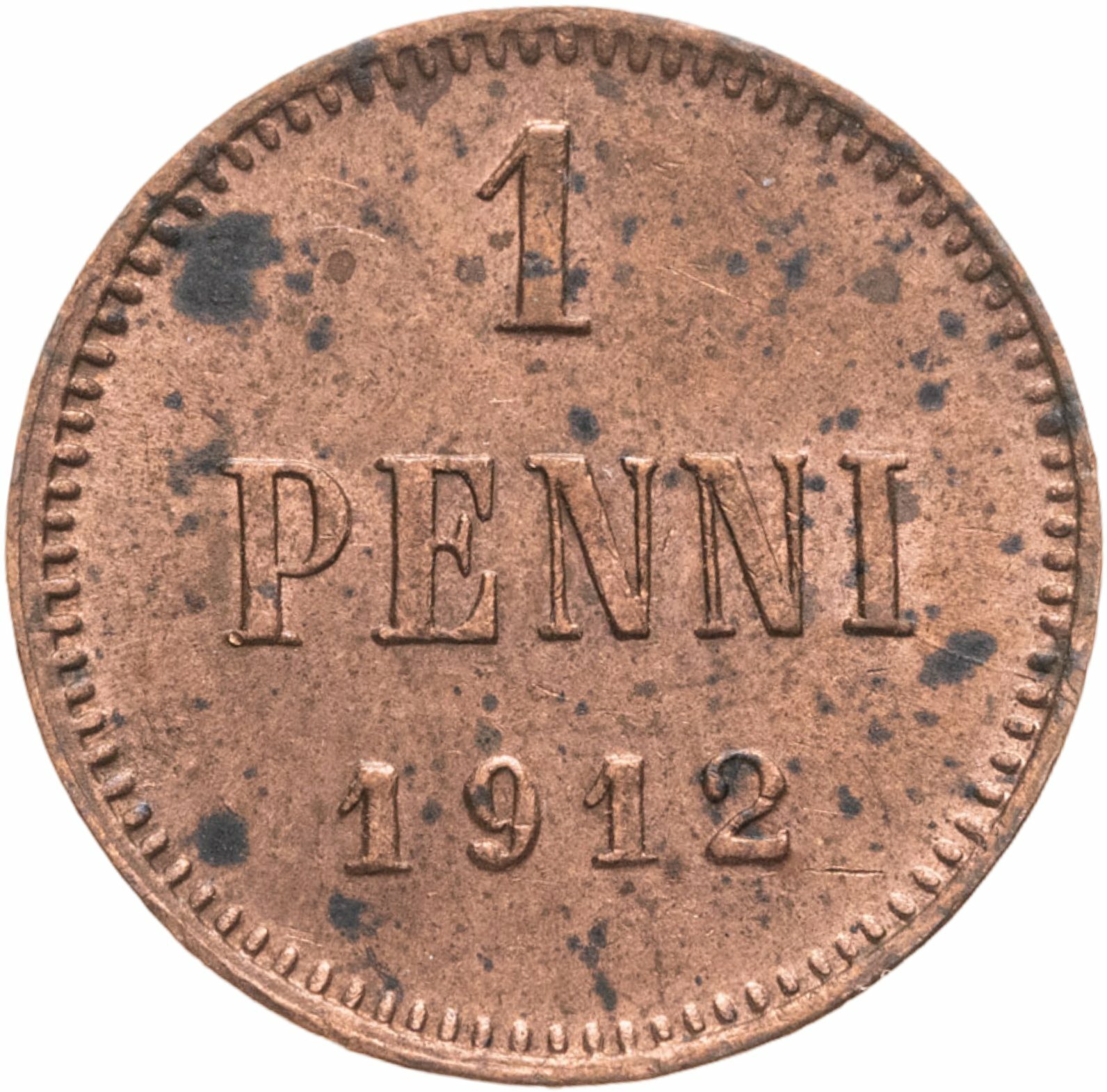 1 пенни penni 1912 Российская Финляндия, Медь, в сохранности XF-AU