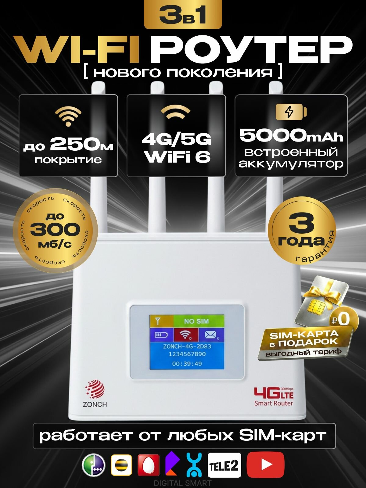 Роутер WIFI 6 3в1 с сим картой 4G/5G и встроенным аккумулятором 5000 мАч, скорость до 300 Мбит/с, покрытие до 250 метров