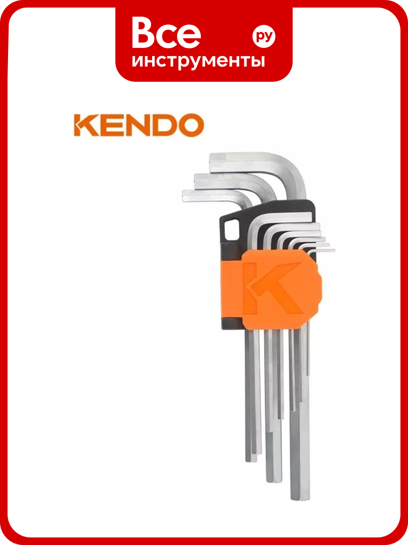 Набор шестигранных ключей 9 шт KENDO CrV, 1,5-10 мм, с удлиненной ручкой 20733, пластиковая