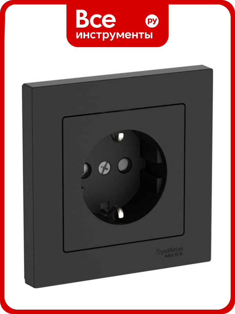 Розетка Systeme Electric ATLASDESIGN с заземлением со шторками, 16А, в сборе, быстрозажим. клем, карбон ATN001044S
