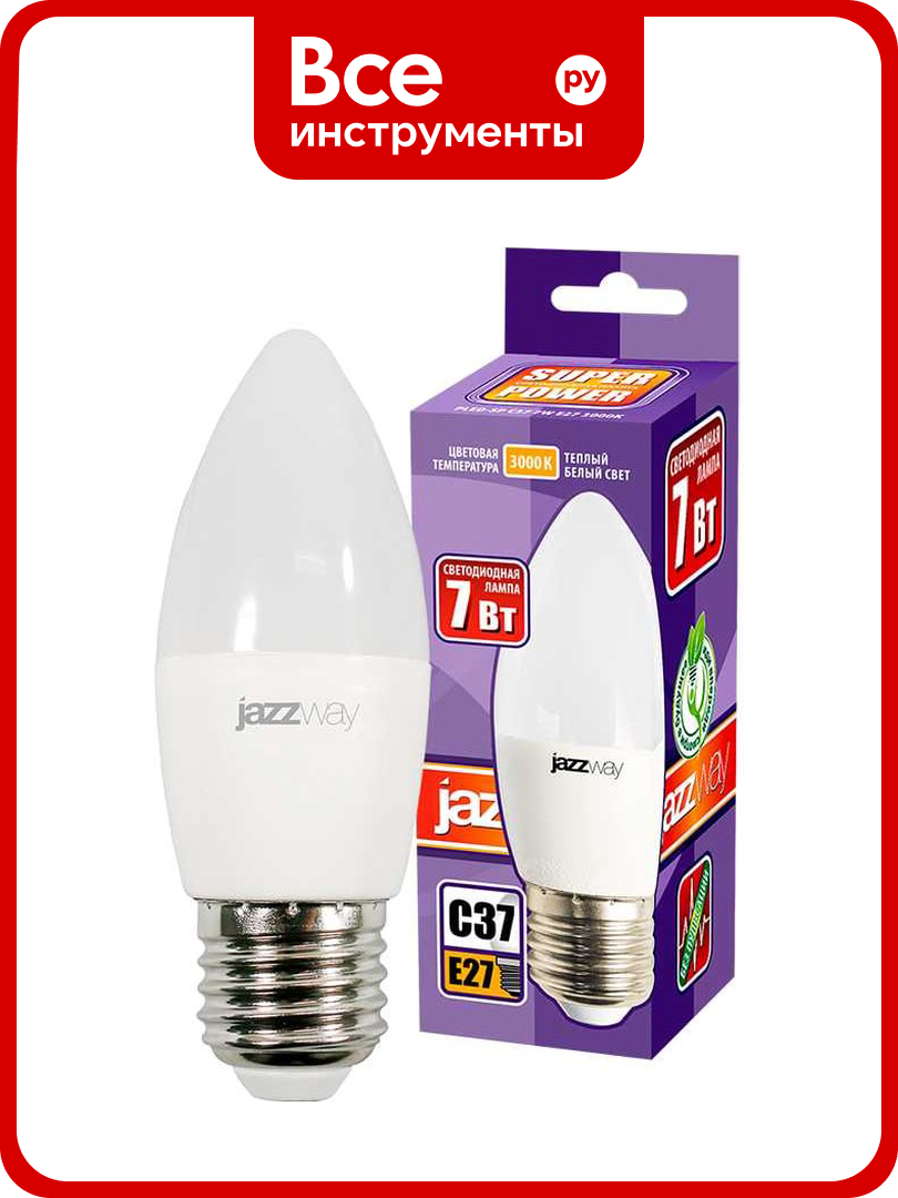 Светодиодная лампа Jazzway PLED-SP 7Вт C37 свеча 3000К теплый белый E27 560лм 230В/50Гц 1027825-2
