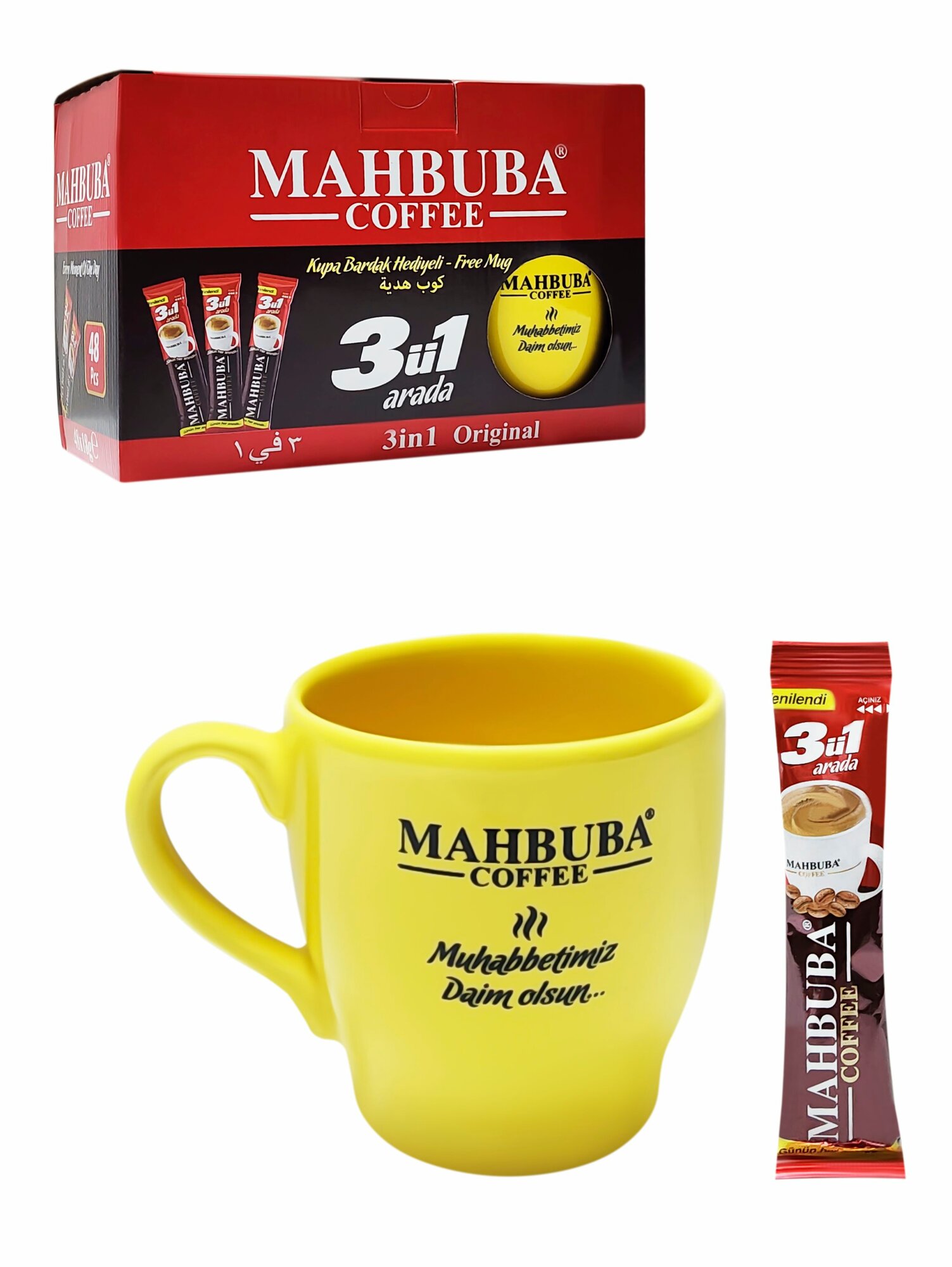 Растворимый кофе в пакетиках (3 в 1) + кружка для кофе, "Mahbuba", Coffee, (48шт*18гр) 864гр. Турция