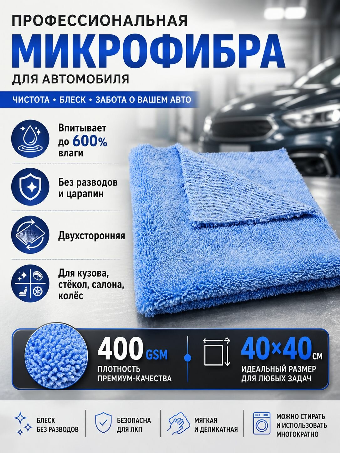 Салфетка автомобильная. Микрофибра. 40х40см 400гр/м голубая