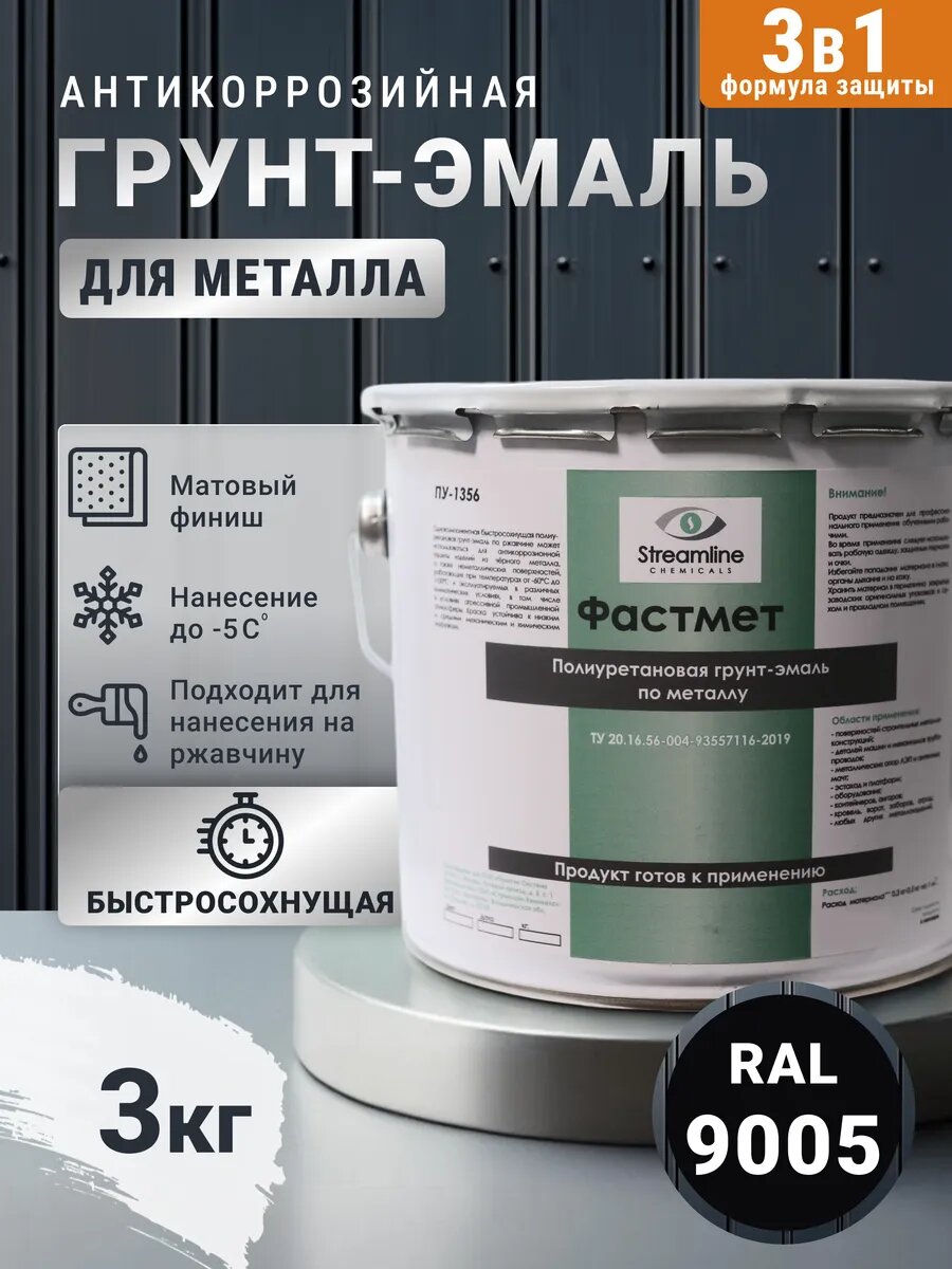 Краска "Фастмет" для металла и ржавчины 3кг, черная, матовая