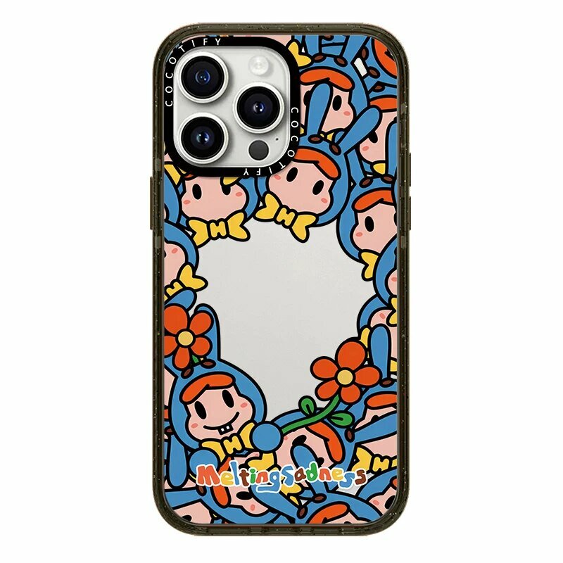 CASETI магнитный чехол для iPhone 17 Pro - рамочный дизайн красной цветущей синей кролика, прозрачная черная рамка