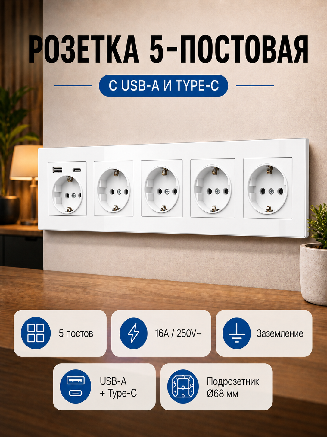 Розетка пятерная с USB Type-C, рамка из закаленного стекла , 16А 250В, скрытая установка, с заземлением , цвет белый