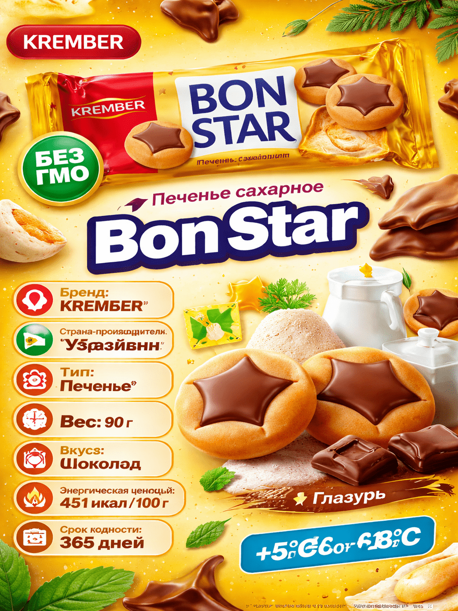 Печенье сахарное Bon Star Krember с глазурью, 90г x 2 упаковки