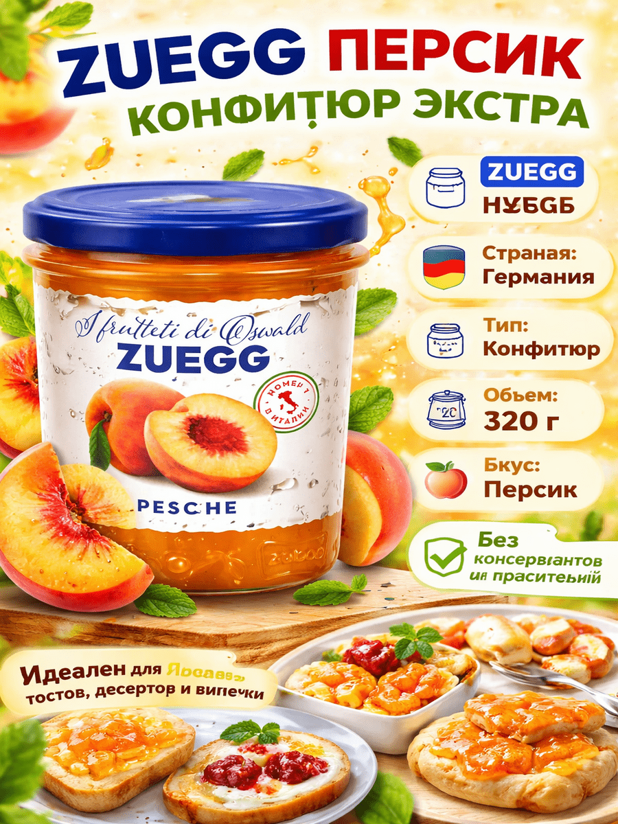 Джем Zuegg Персик конфитюр экстра, 320г