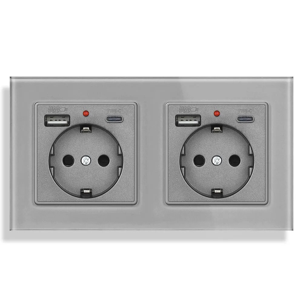 Розетка электрическая 2 поста, с Usb/Type-C АC, рамка 153х82мм стекло, цвет серый