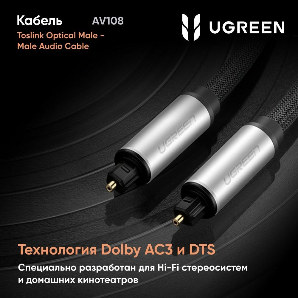 Кабель UGREEN AV108 (10541) Toslink Optical Male To Male Audio Cable. Длина: 3м. Цвет: серебристо-черный