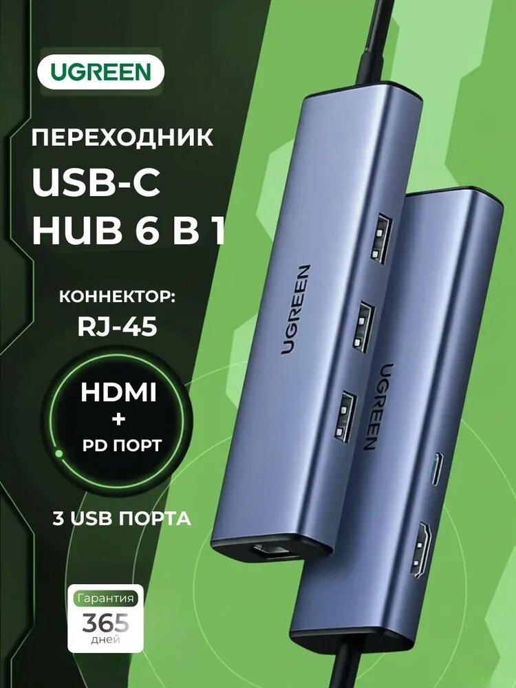 USB-Концентратор UGREEN CM880 8-in-1 (55544), 4K HDMI, 3.5mm AUX, RJ45, USB 3.2 10Gbps, USB-C 3.2 10Gbps, PD 100W Hub