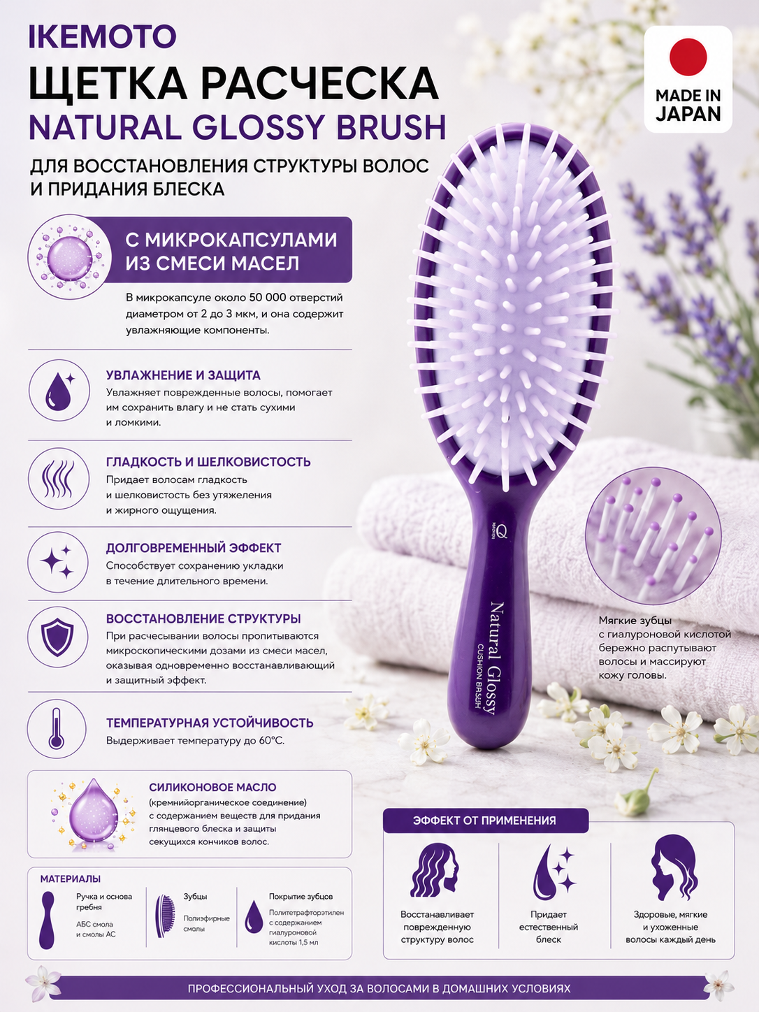 Расческа для волос маленькая массажная Natural Glossy придание блеска