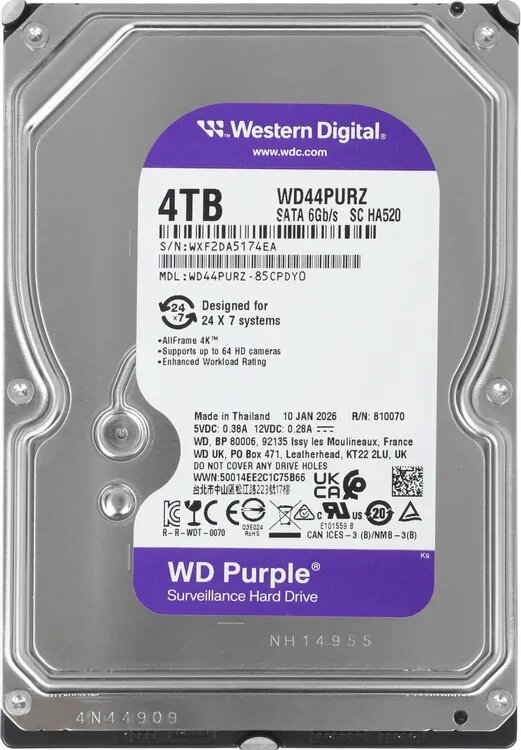 4Tb Жесткий диск WD Purple WD44PURZ, SATA 6Gb/s, 128MB Cache, IntelliPower (для систем видеонаблюдения), оригинал