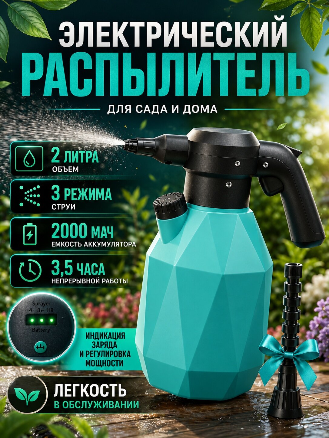 Опрыскиватель аккумуляторный 2 литра садовый распылитель для цветов и растений