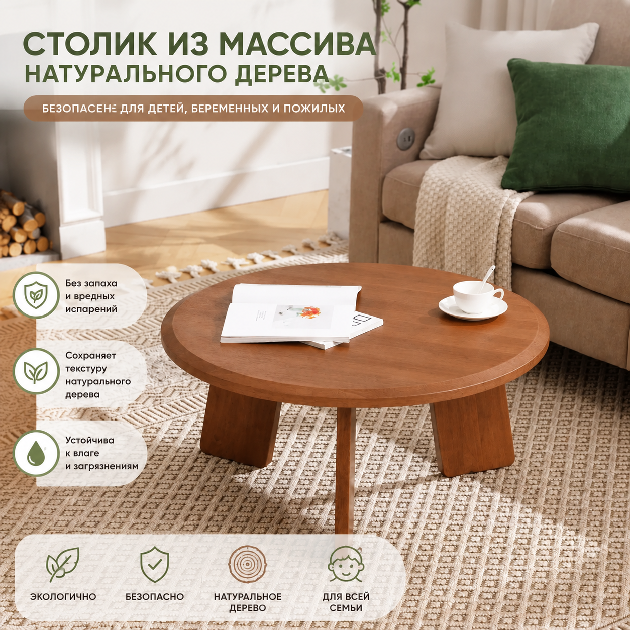Столик журнальный 80*80*41cm; Экологически чистая древесина