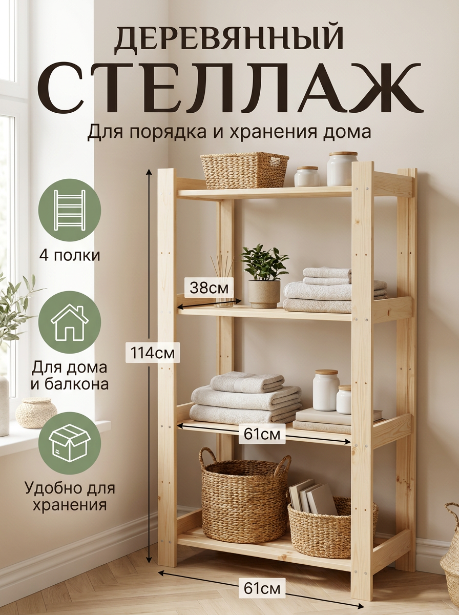 Стеллаж GREENKA HOME, для гостиной, универсальный, 6 полок, массив дерева
