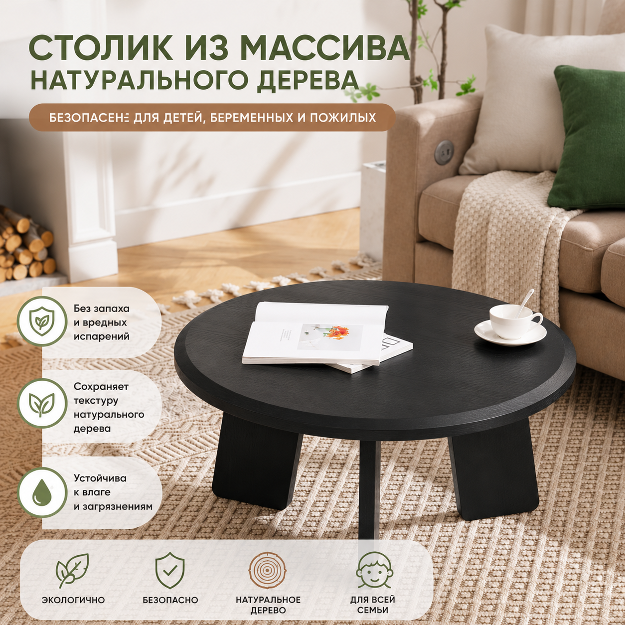 Столик журнальный 80*80*41cm; чёрный журнальный столик; Экологически чистая древесина