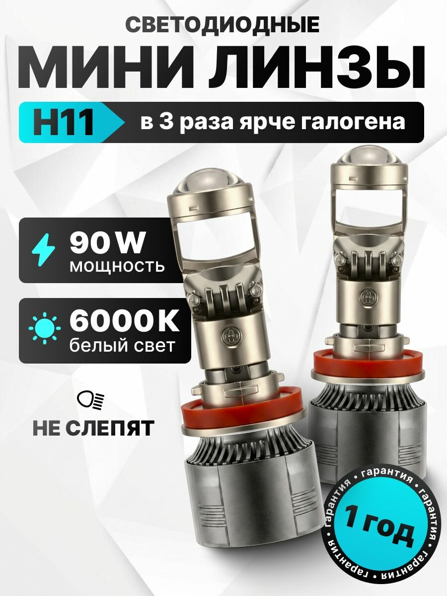 Мини линзы H11 A90 PREMIUM, лампа светодиодная с линзой h11 LED H8 H9 H16, лампочки белые 6000K, 2 шт