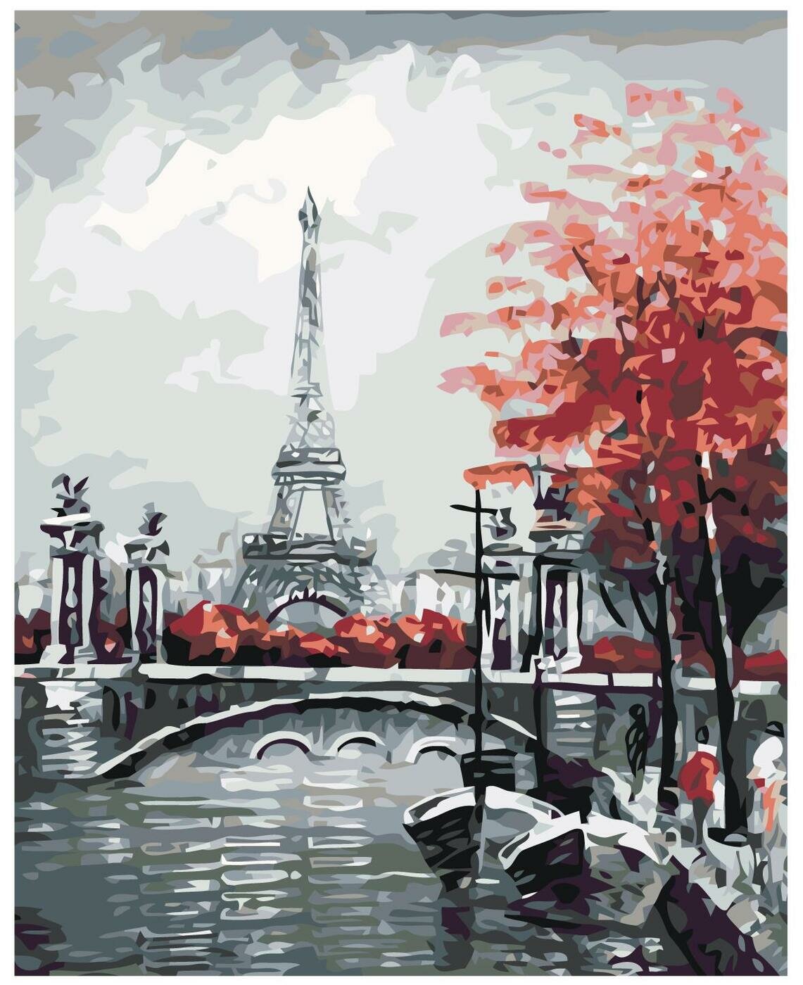 Картина по номерам, 40 x 50, KTMK-09202, Эйфелева башня, Париж, лодки, река, мост, чёрно-белый