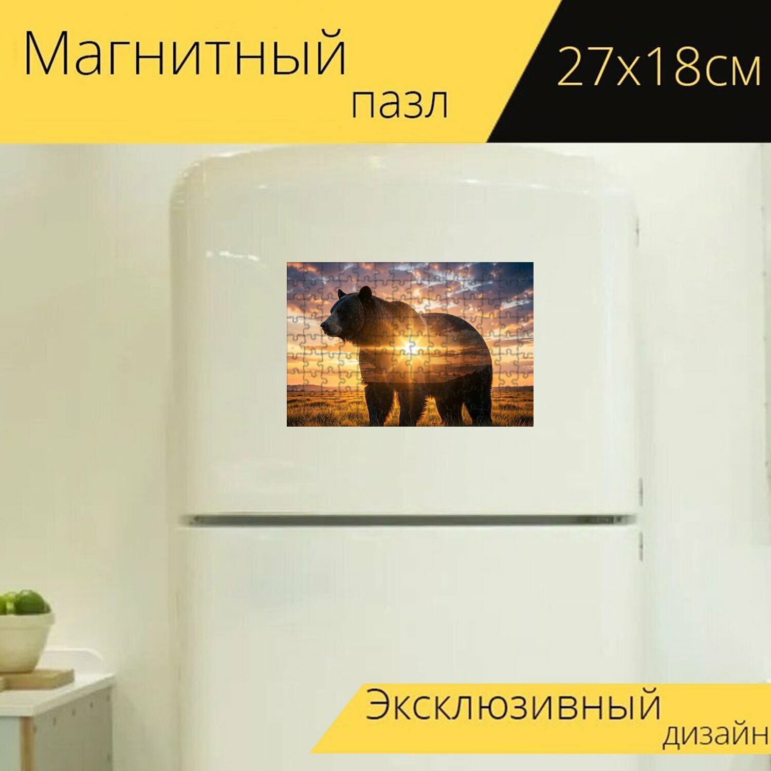 Магнитный пазл "Медведь в золотом поле. Крупный бурый хищник на фоне вечернего неба среди высокой травы, теплые оранжево-синие оттенки, яркий солнечный." на холодильник 27 x 18 см.