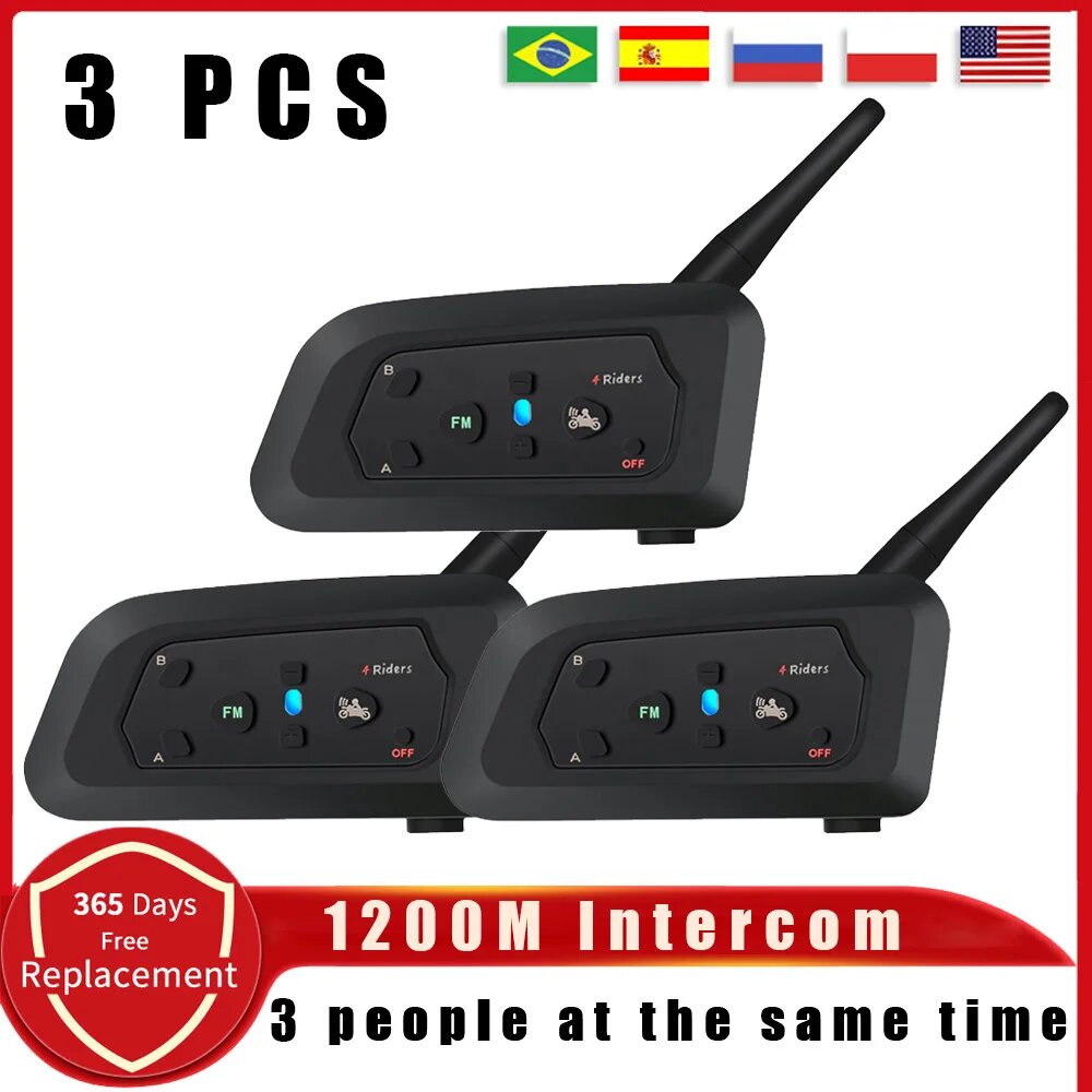 Мотоциклетная Bluetooth-гарнитура V4 PRO С Интеркомом, Дальность 1200 М, 4-сторонняя 3PCS V4 PRO