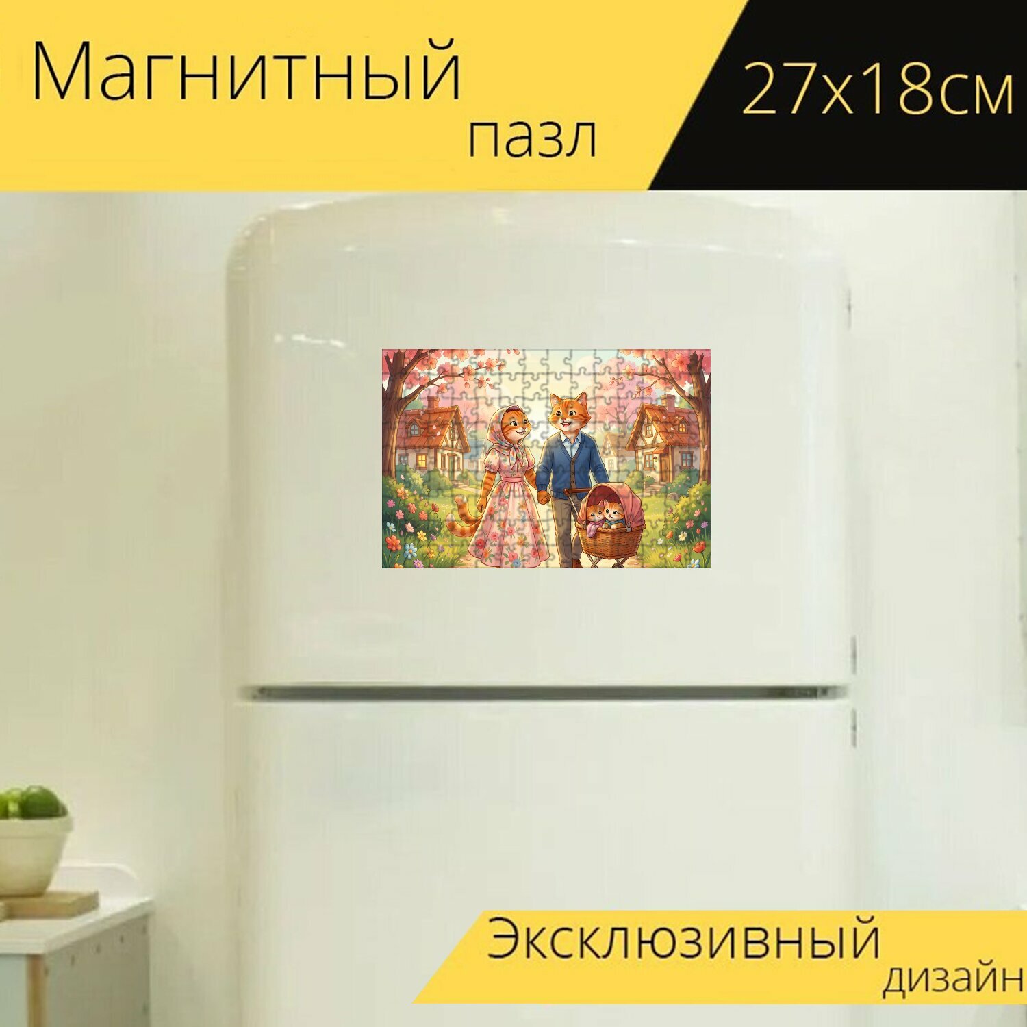 Магнитный пазл "Кошачья прогулка весной. Семейная пара котов идет по цветущей аллее мимо уютных домиков, рядом коляска с котятами. Нежные пастельные." на холодильник 27 x 18 см.