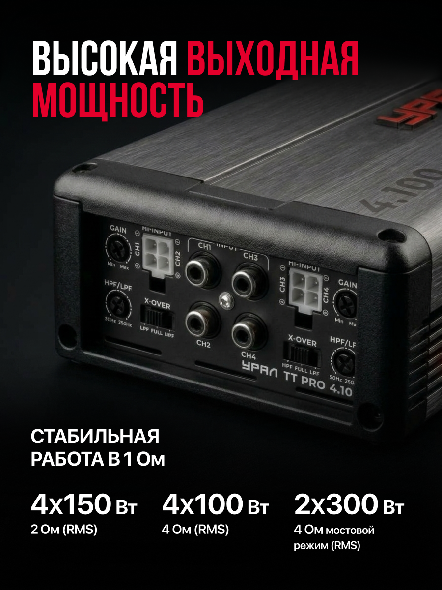 Усилитель Урал ТТ PRO 4.100 4-канальный, защита от короткого замыкания, перегрева, перегрузки — фото 1