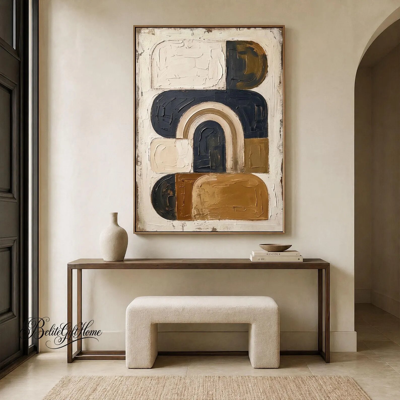 Оригинальная абстрактная картина маслом ручной работы — современное геометрическое произведение искусства в природных тонах для интерьера современного дома.