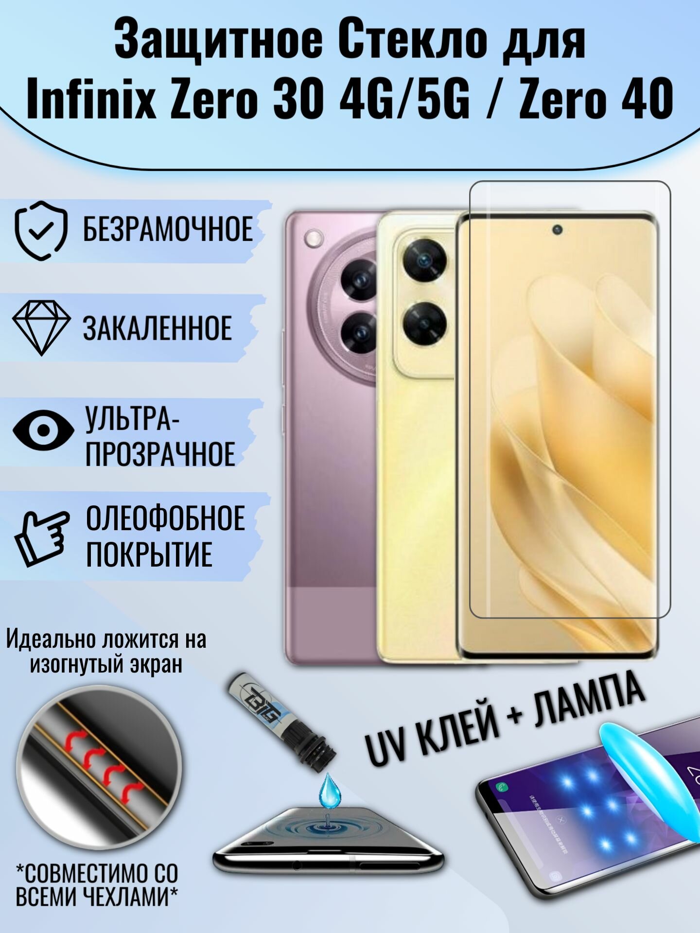 Защитное стекло Infinix Zero 30 / Zero 40 / инфиникс зеро 30 / зеро 40 изогнутое с UV УФ клеем и лампой