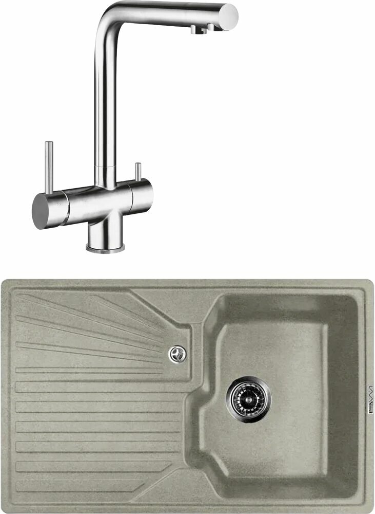Комплект Мойка Lava L5. SCA 80x50, скандинавская (scandic), кварц / Смеситель SG14 CR глянцевый хром, глянцевый хром